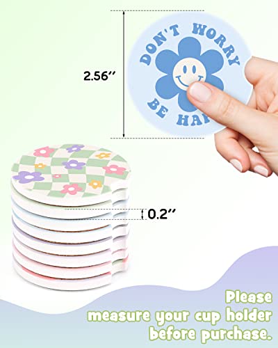 8pcs Danish Pastel Car Coasters 2.56 inches Car Cup Holders Absorbent Ceramics with Finger Notch Drinks Coasters Cork Base Aesthetic Smiling Face Flowers Preppy Boho Cute Car Accessories for Women