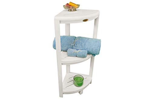 CoastalVogue SnazzyCorner Teak Corner Shower Shelf Wood Corner Shelf 3-Tier Corner Shower Shelf in Antique White Finish β 33 inches Tall