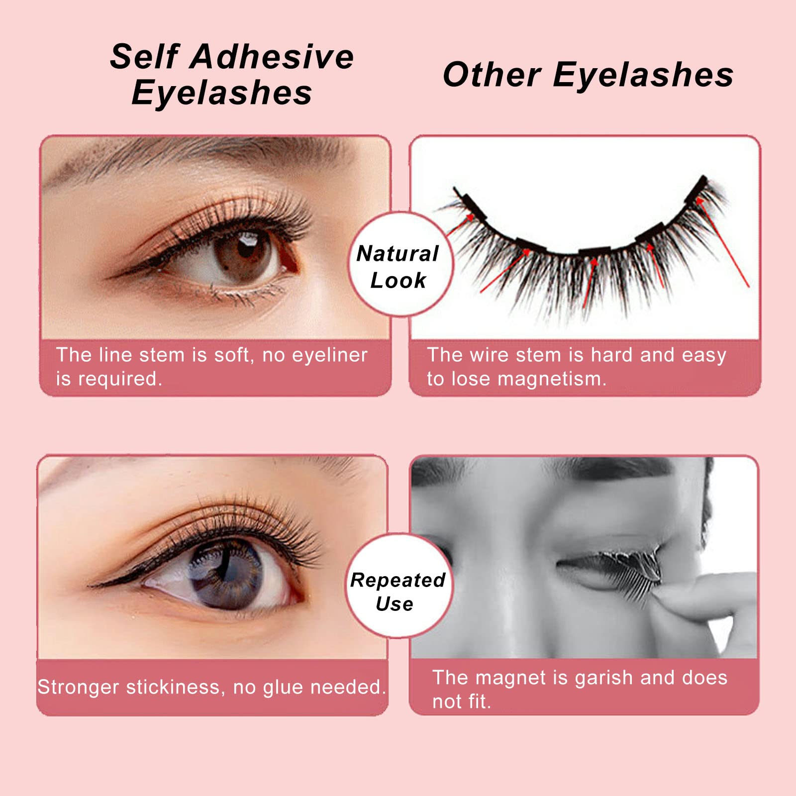 2 Pairs 2023 Reusable Self Adhesive Eyelashes No Glue or Eyeliner Needed, Easy to Put on Natural Look Waterproof False Lashes with Eyelash Curler and Brush for Women