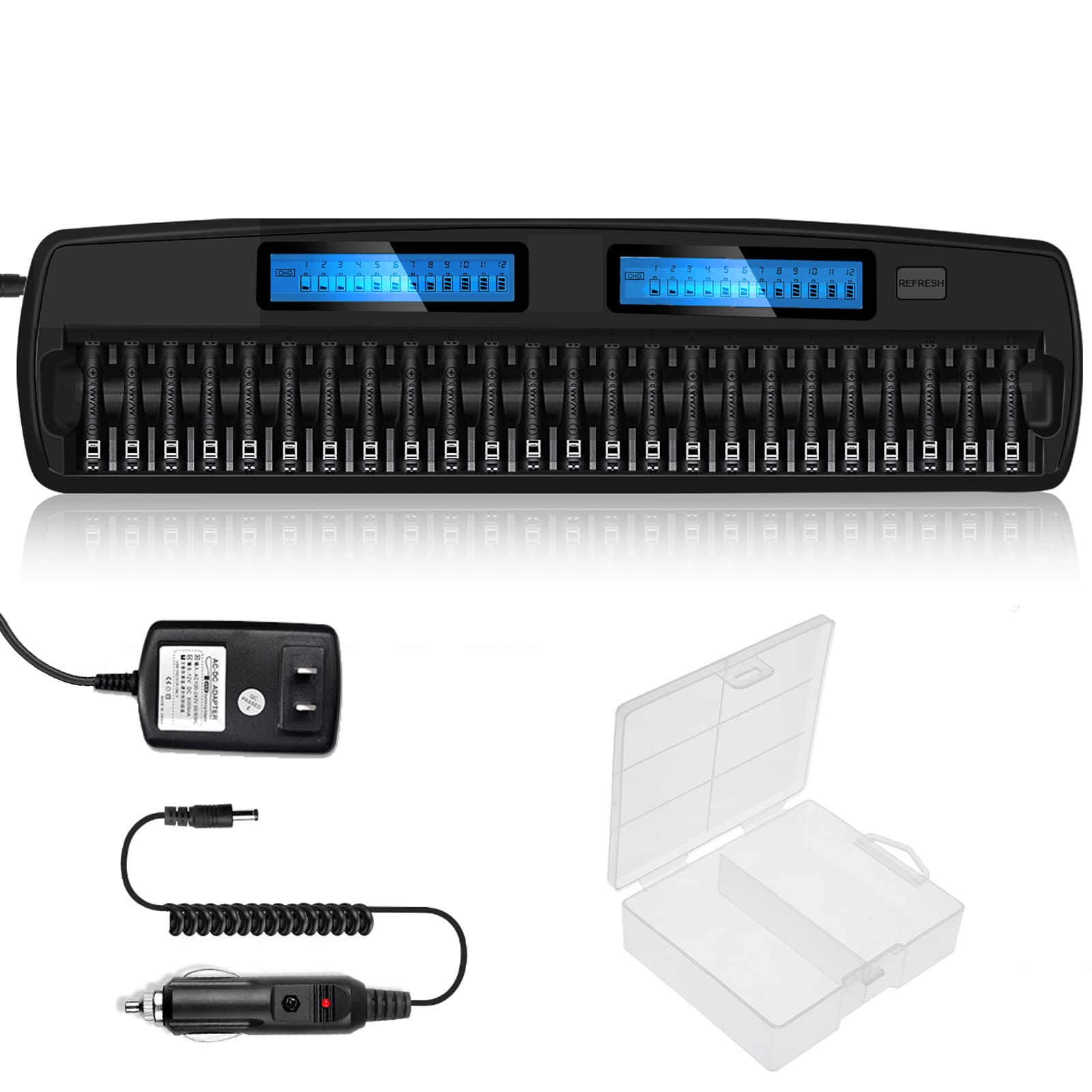 24 Bays Smart AA AAA Rechargeable Battery Charger with LCD Display for 1.2V NiMH NiCD Rechargeable Battery with Refresh Function with 24 x AA Battery Storage Case