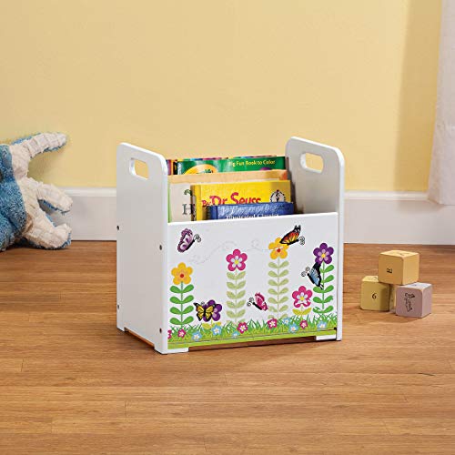 Fox Valley Traders Kids Wooden Book Caddy, Children’s Book Storage Bin, Flowers and Butterflies Design