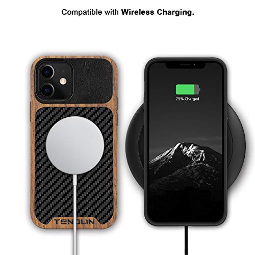 TENDLIN Compatible with iPhone 12 Mini Case Wood Grain with Carbon Fiber Texture Design Leather Hybrid Case