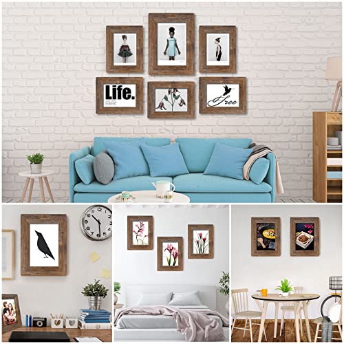 8x10 Picture Frames Set, Set of 4 Wooden Picture Frames Real Tempered Glass and Composite Wooden Rustic Rounded Corners Photo Display for Tabletop Wall Mount with Hanging Hardware and Stand (Brown)