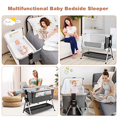 BABY JOY Bedside Bassinet, Portable Baby Crib w/Mattress, Two-Side Breathable Mesh, 7 Height Adjustable, Large Storage, Wheels for Easy Movement, Crib for Newborn Infant, Bassinet for Baby, Dark Grey