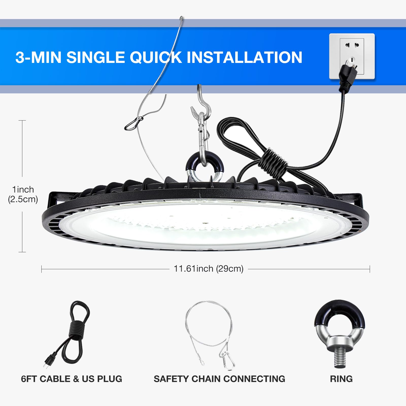 4 Pack Led High Bay Light 200W, 6500K UFO High Bay Led Shop Lights with 22000 lm, Durable High Bay Lighting with US Plug & Brackets, IP65 Commercial Light Fixture for Workshop, Warehouse