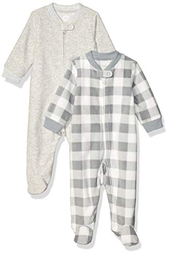 Amazon Essentials Unisex Babies' Microfleece Footed Zip-Front Sleep and Play, Pack of 2, Grey Buffalo Check/Light Grey Heather, 6-9 Months