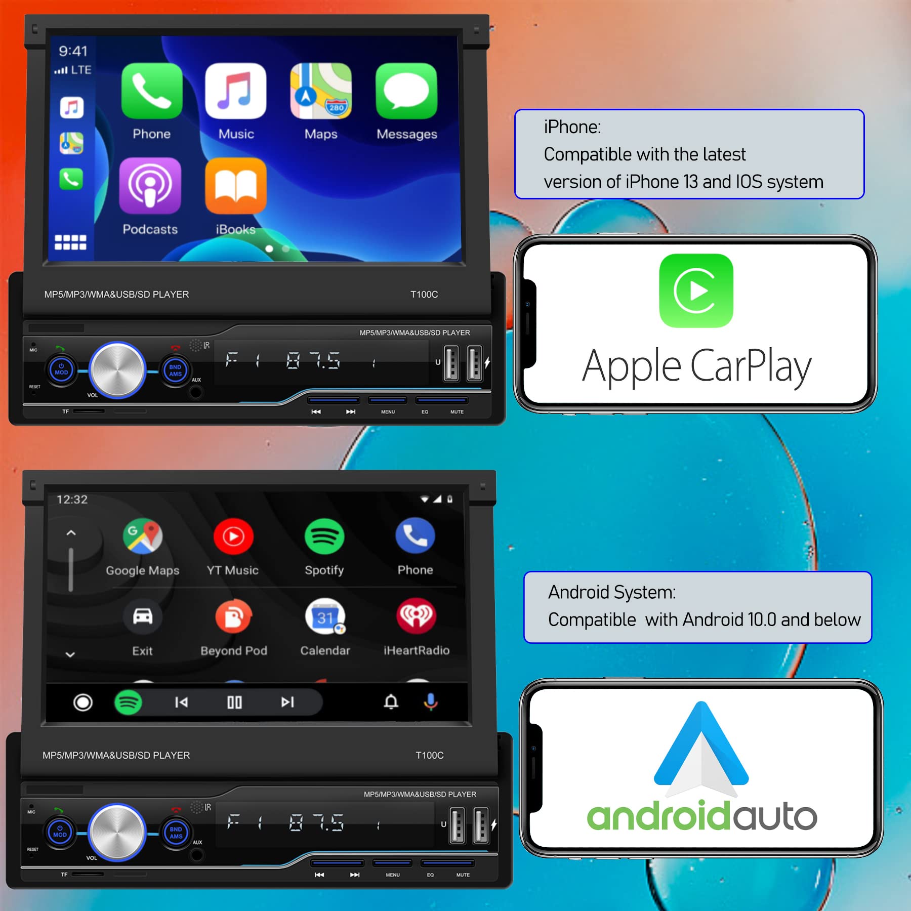 7 Inch Single Din Car Stereo, Apple Carplay Android Auto Flip Out Car Touchscreen Radio with Bluetooth,Mirror Link,Backup Camera, USB/AUX Input,AM/FM
