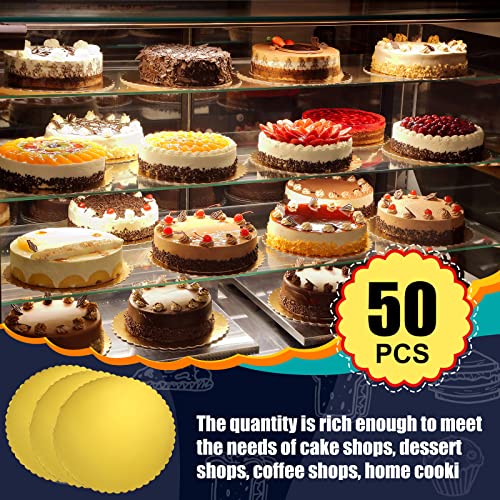 50 Pack 10 inch Gold Cake Boards Circle Rounds Cake Boards Scallop Edge Cakeboard Disposable Cake Base Grease Proof Cardboard Perfect for New Year Wedding Birthday Cake Decorating