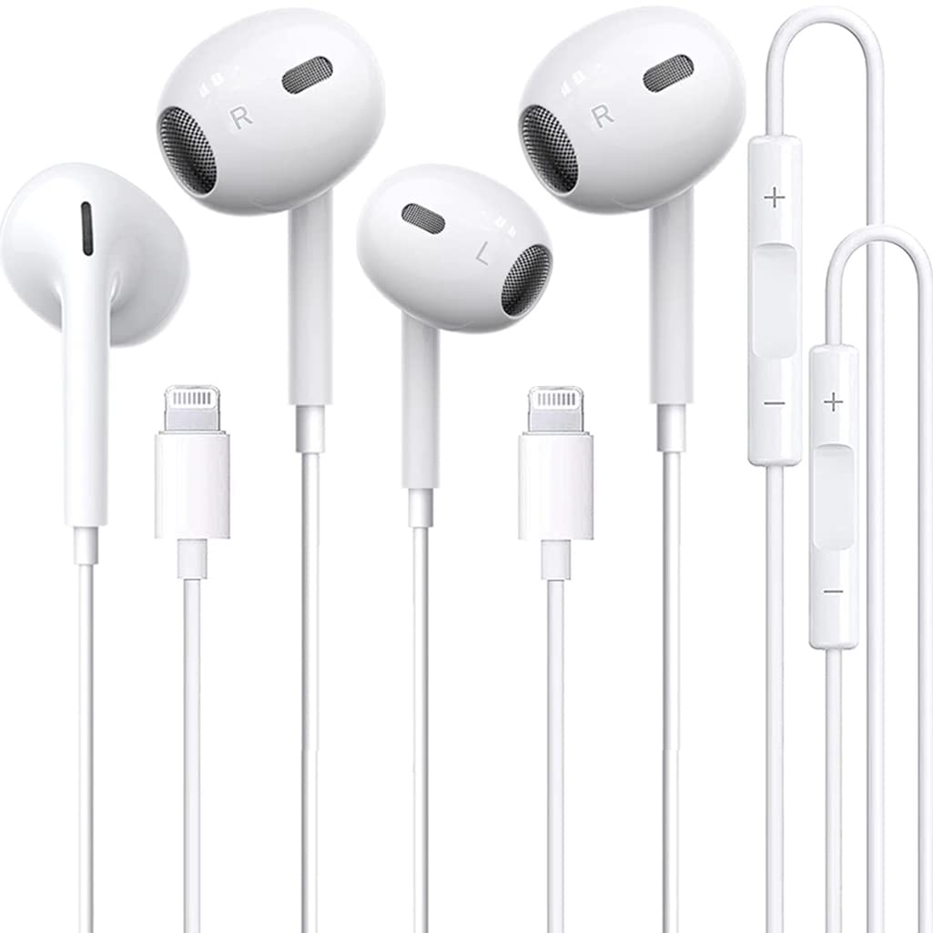 2 PACK Apple Earbuds Headphones with Lightning Connector【Apple MFi Certified】(Built-in Microphone&Volume Control)Wired in-Ear Stereo Noise Canceling Isolating Earphones for iPhone 14/13/12/11/SE/X/8/7