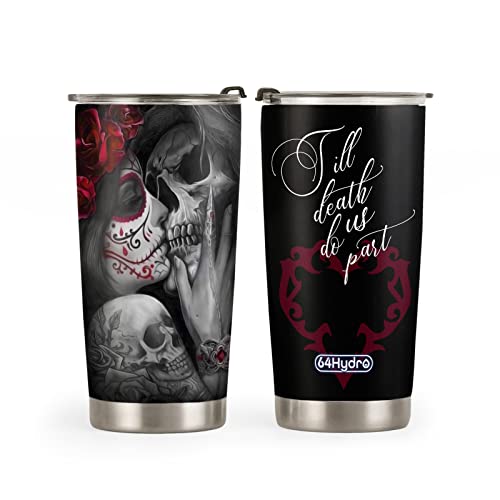 64HYDRO 20oz Couples Gifts for Husband and Wife, Cool Gifts for Couple, Valentines Day Gifts for Him, Her, Goth Gifts Gothic Gifts Tattoo Skull Couple Tumbler Cup, Insulated Travel Coffee Mug with Lid