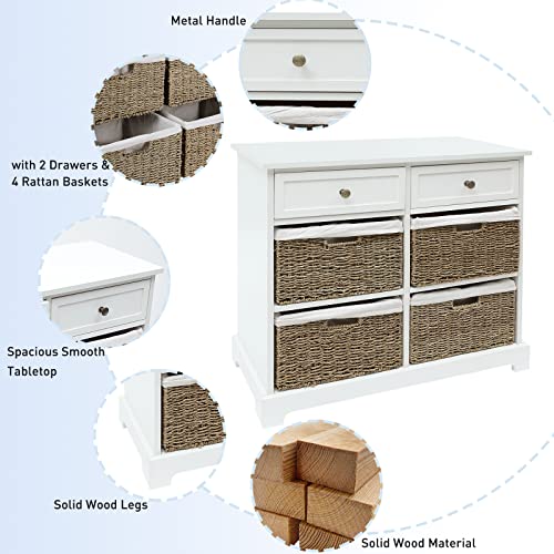 Babion Storage Cabinet with Baskets, Storage Organizer with 2 Drawers and 4 Wicker Baskets, Wicker Dresser with Wooden Tabletop, White Wicker Basket Storage Chest for Closet, Bedroom, Dorm