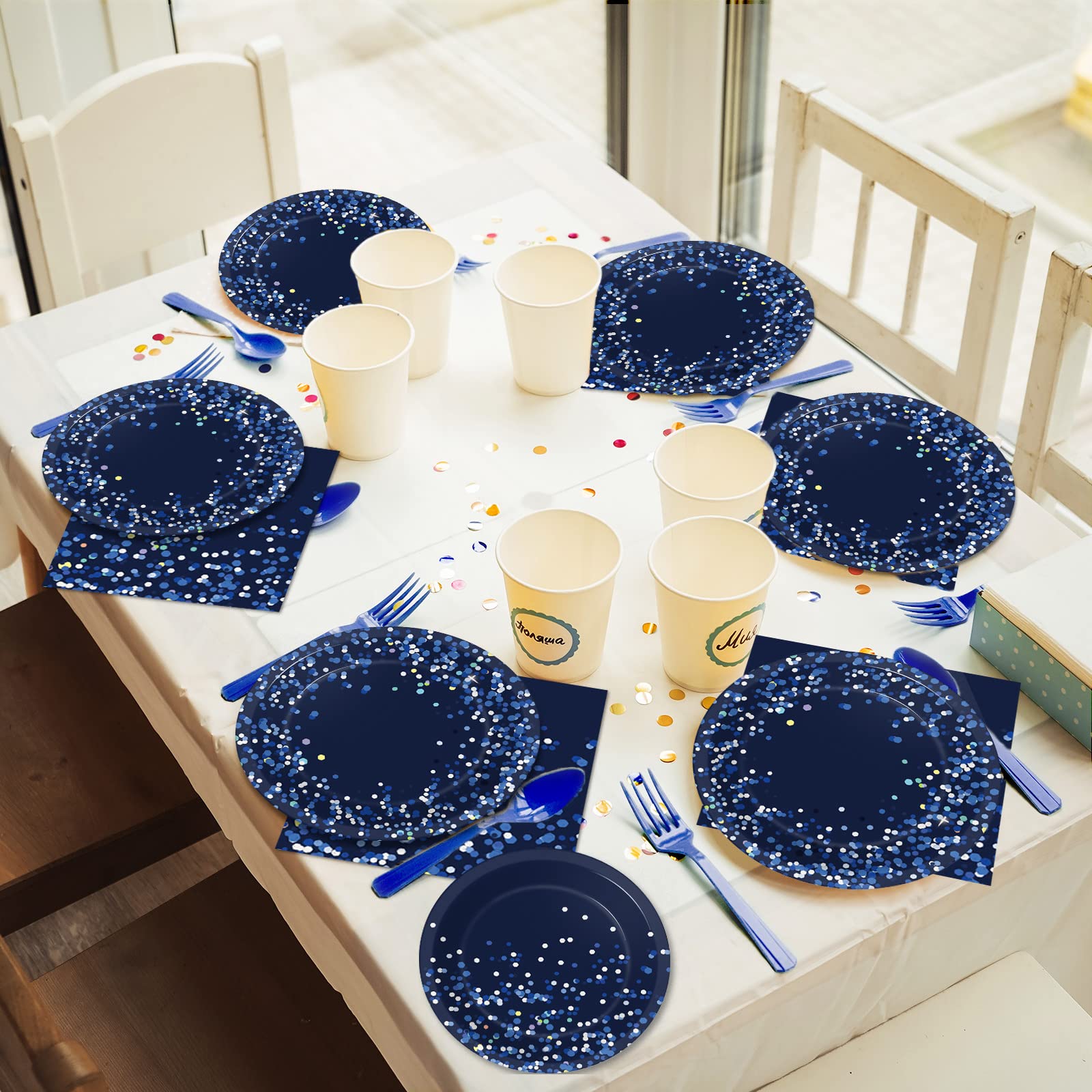96 Pcs Blue and Silver Party Supplies Dot Confetti Paper Plates Sparkly Glitter Theme Party Decoration Confetti Party Tableware Set Bridal Shower Birthday Party Paper Plate Napkin Fork 24 Guests