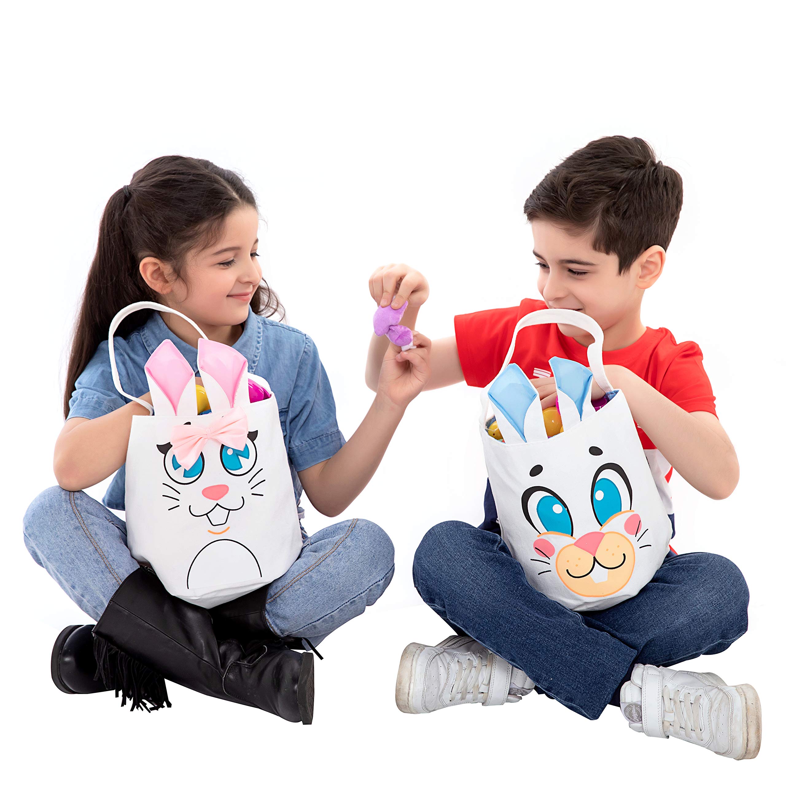 JOYIN 2 Packs Easter Bunny Basket Canvas Bags Set for Easter Eggs Hunt,Gift Baskets Egg Bags for Kids, Kids Party Favor