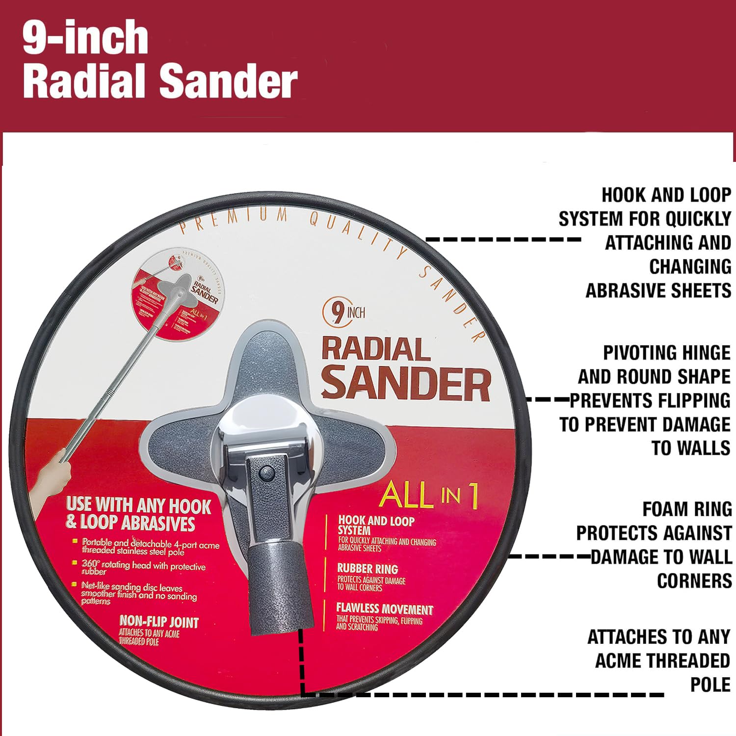 9 Inch Radial Hand Sander - Premium Wall Cleaning and Polishing Tool with Hook and Loop System – An Unmatched Unique Metal Pivoting Hinge Drywall Sander