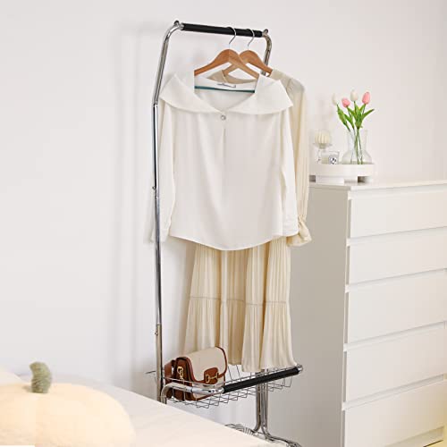 aixsponsa Rolling Clothes Rack with 2 Tier Basket, Freestanding Clothing Racks for Hanging Clothes, Metal Garment Rack with Wheels, Chrome