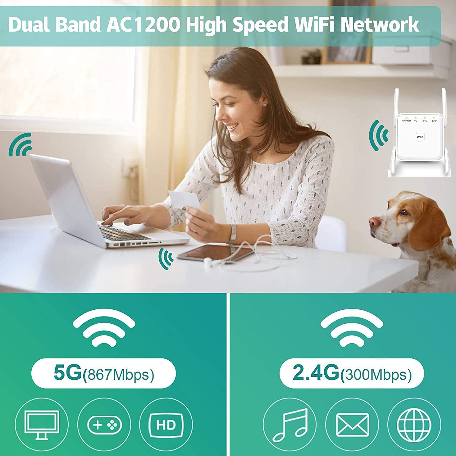 WiFi Range Extender - 1200Mbps WiFi Range Extender Wireless Signal Repeater Booster, Dual Band 2.4G and 5G Expander, 4 Antennas 360° Full Coverage, Extend WiFi Signal to Smart Home Devices