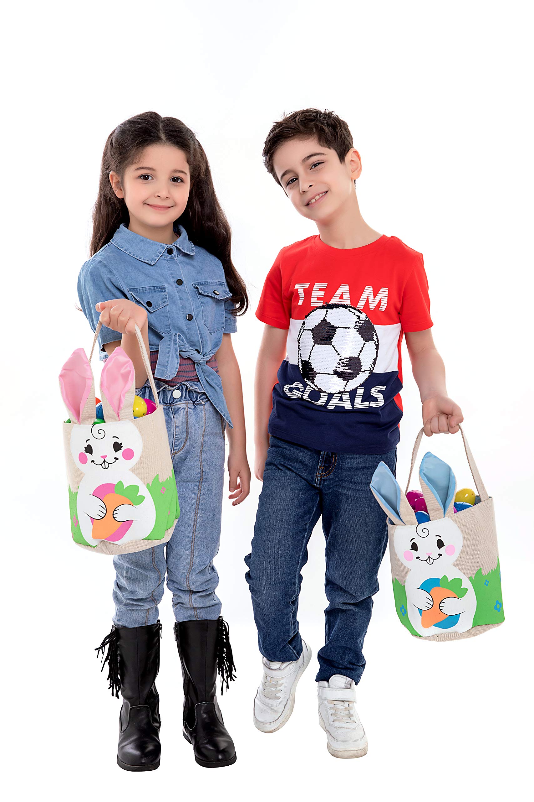 JOYIN 2 Pcs Easter Bunny Basket Set for Easter Eggs Hunt, Burlap Egg Tote Gift for Kids, Party Favor