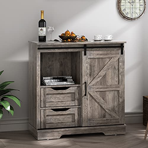 Ahvqevn Farmhouse Coffee Bar Cabinet, 33.64" Coffee Bar Cabinet with 2 Drawers and 3 Open Storage Shelf, Kitchen Hutch Buffet Storage Cabinet Design for Kitchen, Living Room, Entryway, Grey