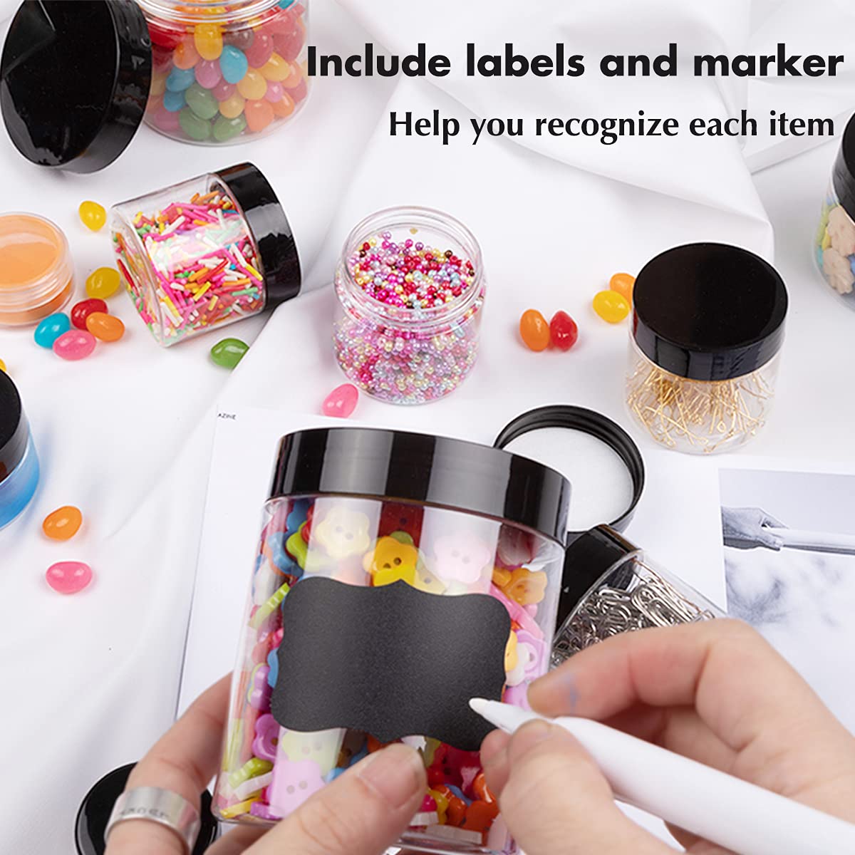 4 oz Plastic Jars with Lids, Round Clear Cosmetic Jars, Wide-mouth Plastic Containers with Inner Liners and Labels for Beauty Products, Makeup, Lotions, Body Scrub, Creams (Black Lid, 6 Pieces)