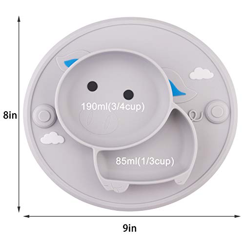Baby Plate Silicone Placemat One-Piece, Suction Toddler Plates , Divided Dishes for Toddler Kids, Self Feeding, BPA Free, Microwave & Dishwasher Safe