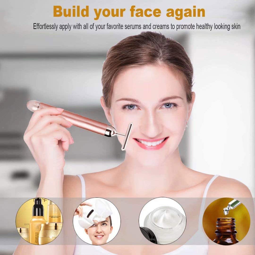 Horolas Beauty Bar 24k Golden Pulse Facial Massager, GOODYBUY T-Shape Electric Sign Face Massage Tools for Sensitive Skin Face Pull Tight Firming Lift