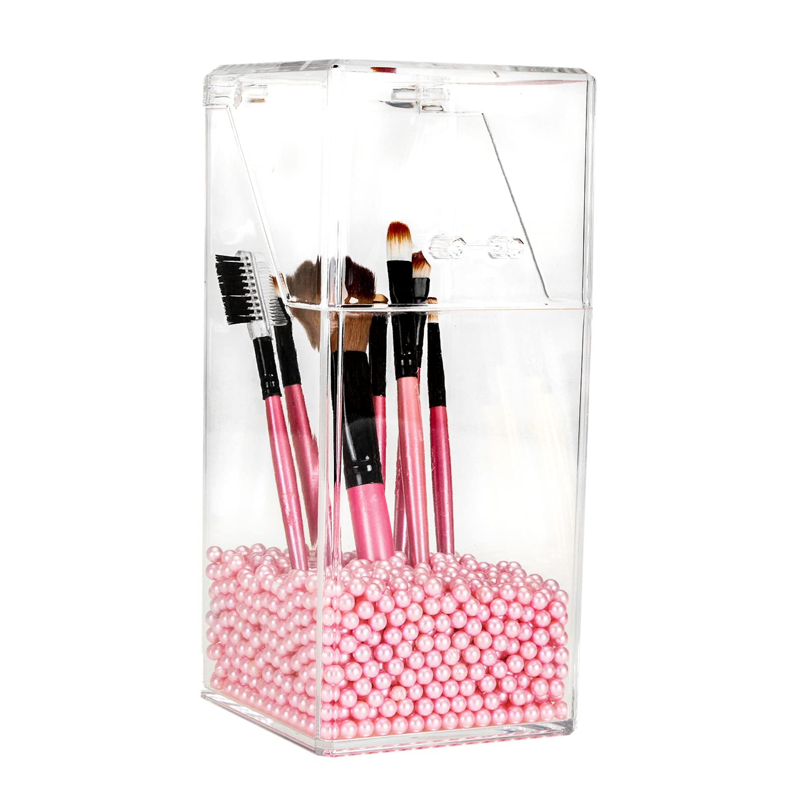 Jucoan Clear Acrylic Makeup Brush Holder with Lid, Pink Pearls, Cosmetic Makeup Brushes Holder with Cover, Brush Storage Organizer Case for Bathroom, Bedroom, Vanity, Countertop