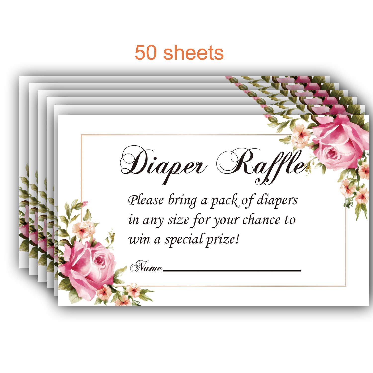 Diaper Raffle Tickets for Baby Shower (50 Count) 3.5" x 2" with Name Line, Pink Flower Design