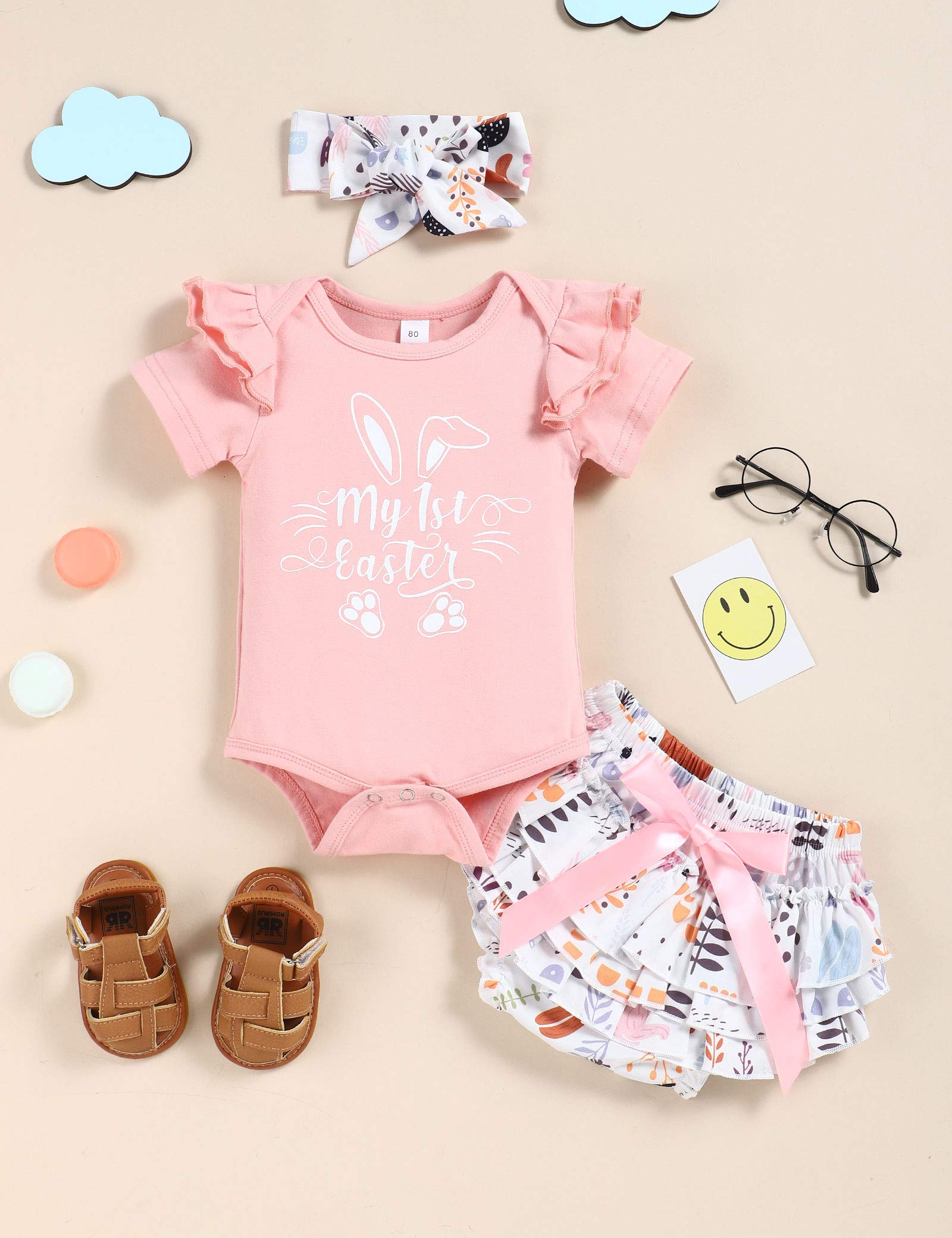 My 1st Easter Outfit Newborn Baby Girl Bunny Letters Romper Ruffle Floral Shorts set (Pink, 0-3 Months)