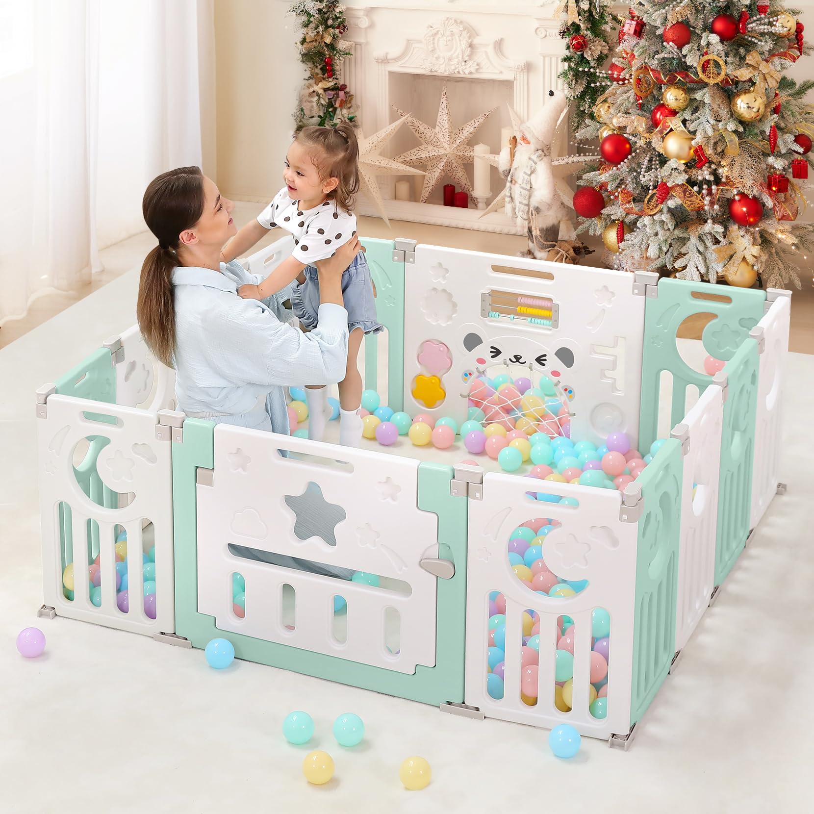 Baby Playpen, Dripex Foldable Playpen for Babies and Toddlers, Custom Shape Baby Fence, Safety Play Yard with Gate, Portable Play Area for Indoor or Outdoor, Light Green White, 14 Panel