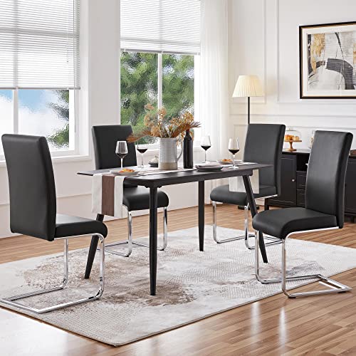 Yaheetech 4pcs Dining Chairs Armless Leather Dining/Desk Room Kitchen Chairs with Upholstered Seat, Metal Legs and High Back for Kitchen, Living Room, Leisure, Black