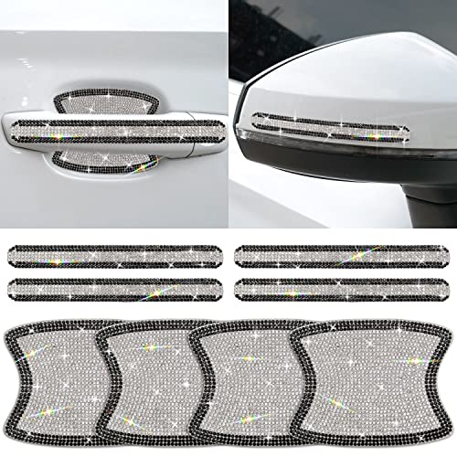 8PCS Car Door Handle Bling Rhinestones Stickers Universal Auto Door Handle Scratch Cover Guard Protective Film Pad with Safety Reflective Strips (Black & Sliver Set)