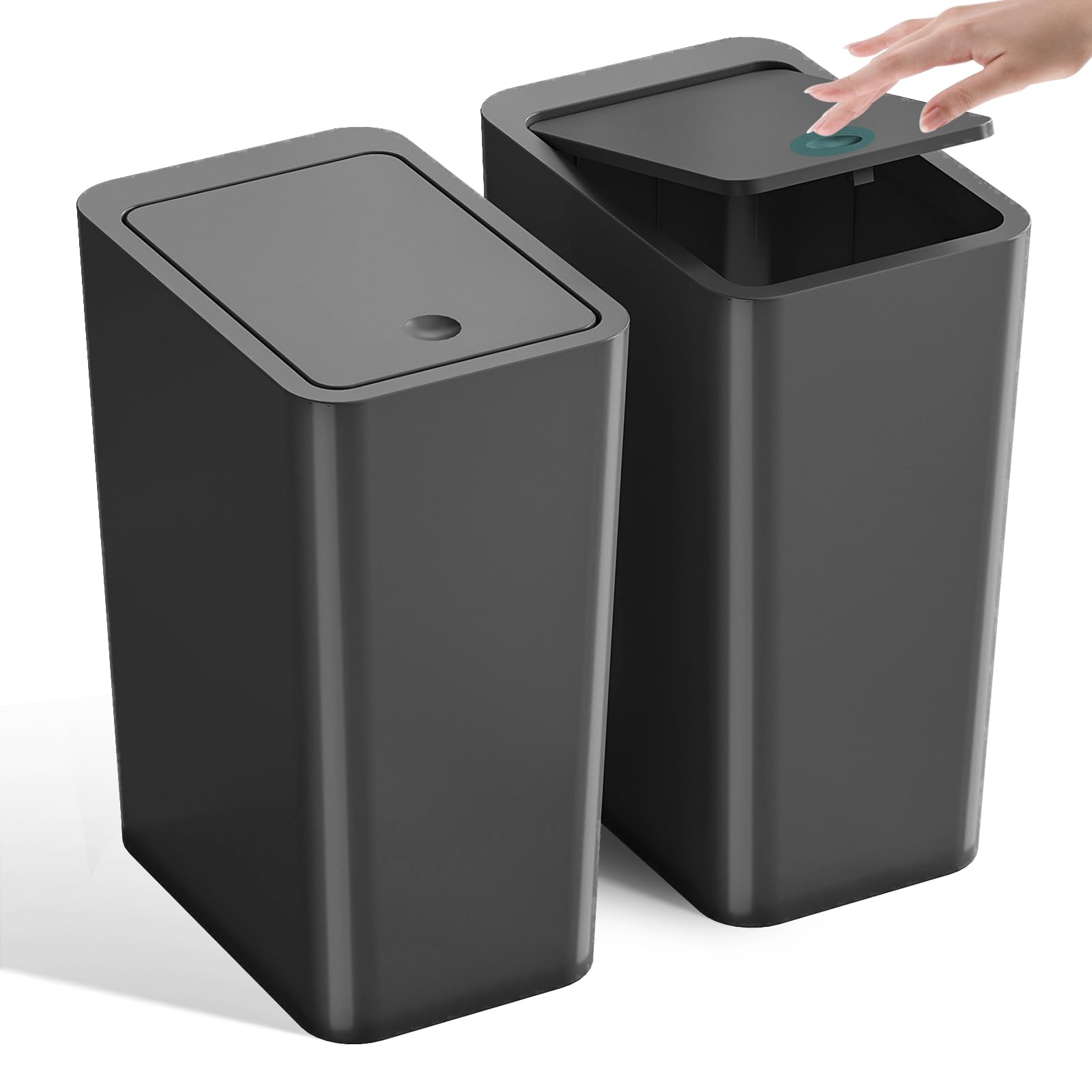 2 Pack Bathroom Trash Can with Lid, 4 Gallons/15L Slim Garbage Can with Pop-up Lid, Small Trash Bin, Plastic Dog Proof Trashcan, Waste Basket for Bathroom, Bedroom, Kitchen, Office, Dorm, Grey