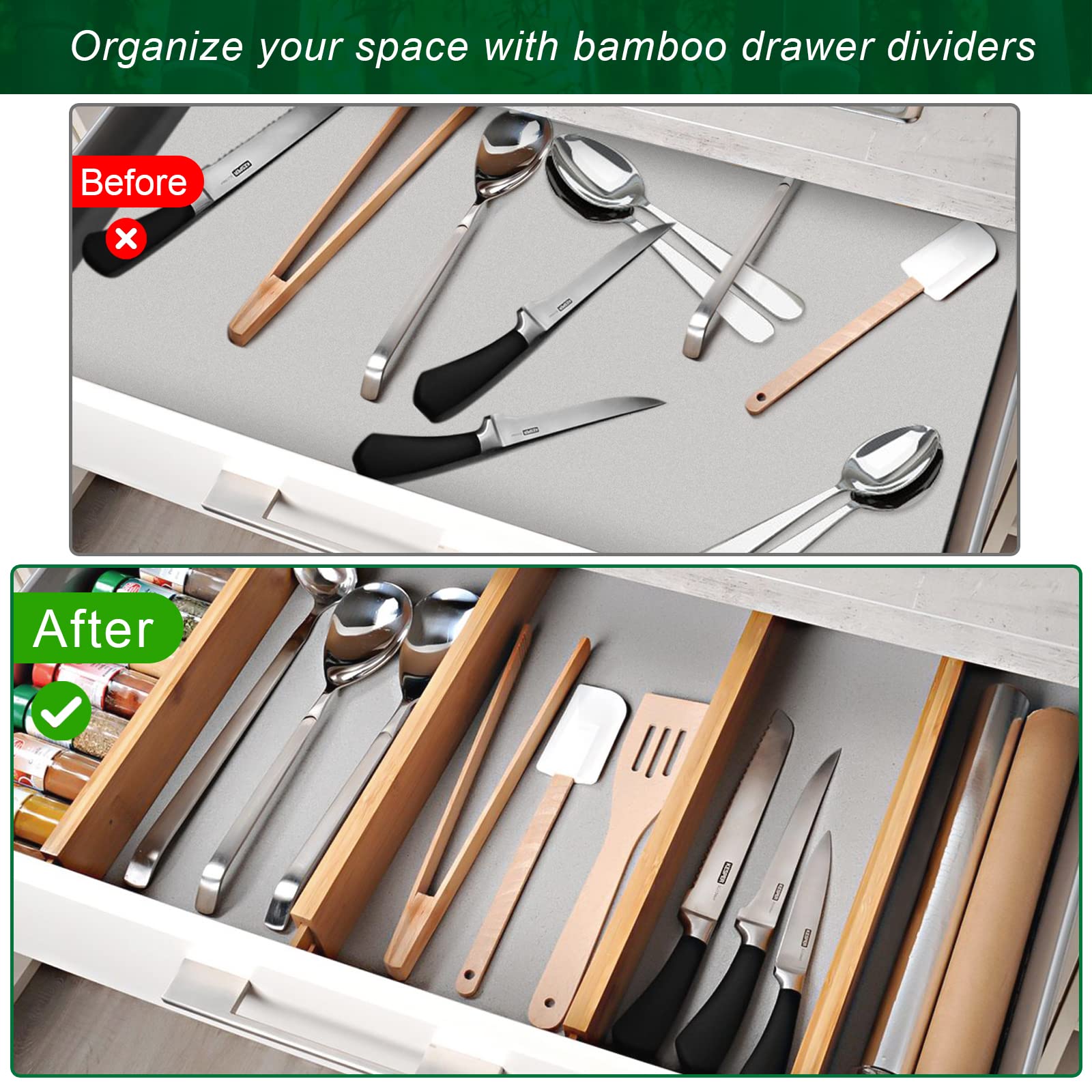 4 Pack Bamboo Drawer Dividers, Adjustable Length from 12 Inch to 17 Inch, Expandable Kitchen Drawer Organizer, Drawer Organization Separators for Clothes, Kitchen, Bedroom, Dresser, Office (Beige)