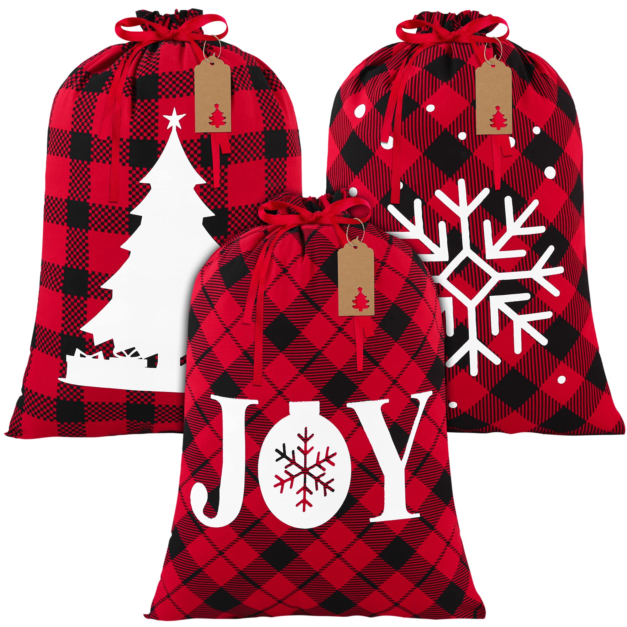 Aneco 3 Pieces Christmas Drawstring Gift Bags Red and Black Plaid Drawstring Bags with 24 Kraft Paper Tags and 16 Feet Rope Cotton Xmas Gift Bags for Christmas Party Supplies, 24 x 18 Inch