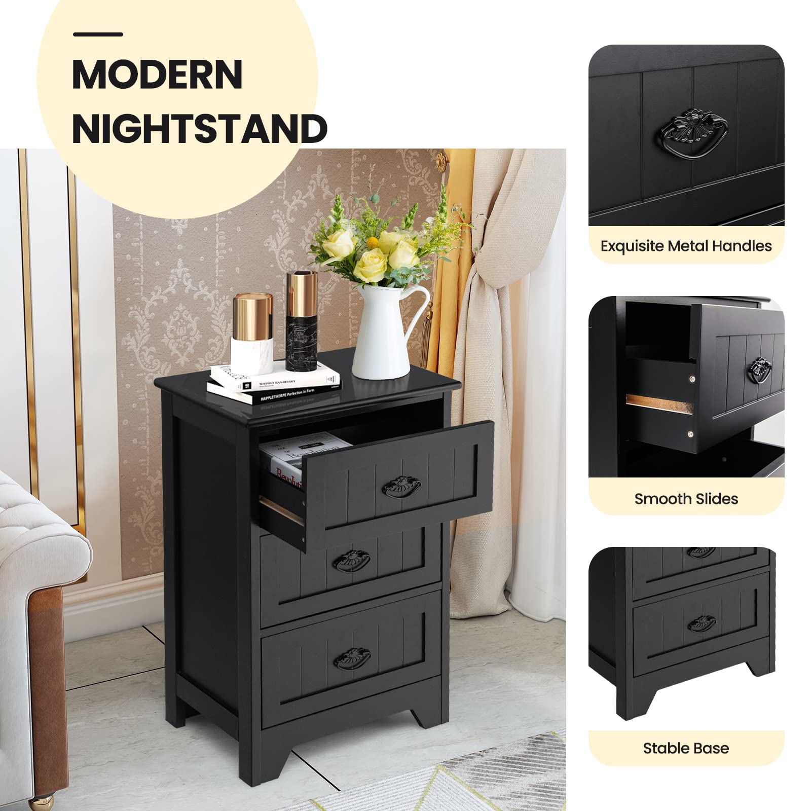 Giantex Nightstand with 3 Drawers, Bedside Table with Exquisite Metal Handles, Accent Table Sofa Side Table with Anti-toppling Device for Bedroom, Study, White