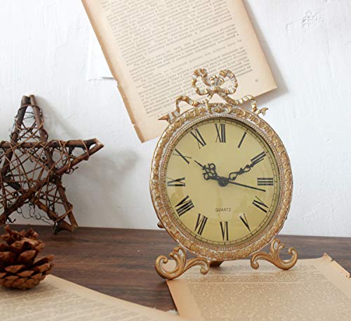Funly mee Vintage Pewter Table Clock with Antique Golden Bow(Plexiglass Shell)
