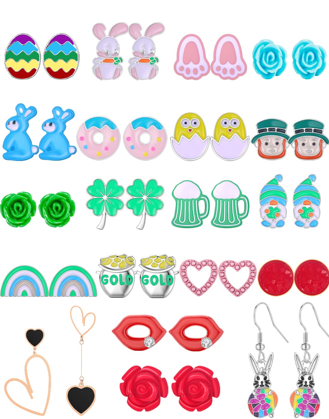 20 Pairs Mothers Day St Patrick's Day Easter Hypoallergenic Drop Stud Earrings Bulk for Girls Women Clover Shamrock Green Hat Easter Eggs Bunny Earrings Dangle Stud Earrings Set for Teen Girls Women Valentineās Day Gifts, Easter (Valentineās/St Patrick's/