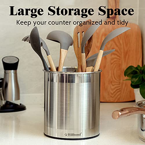 Hillbond Stainless Steel Utensil Holder with Removable Divider for Easy Clean, 360° Rotating Kitchen Utensil Crocks with Weighted Base for No Tipping Over, Utensil Caddy Organizer (EXTRA LARGE)