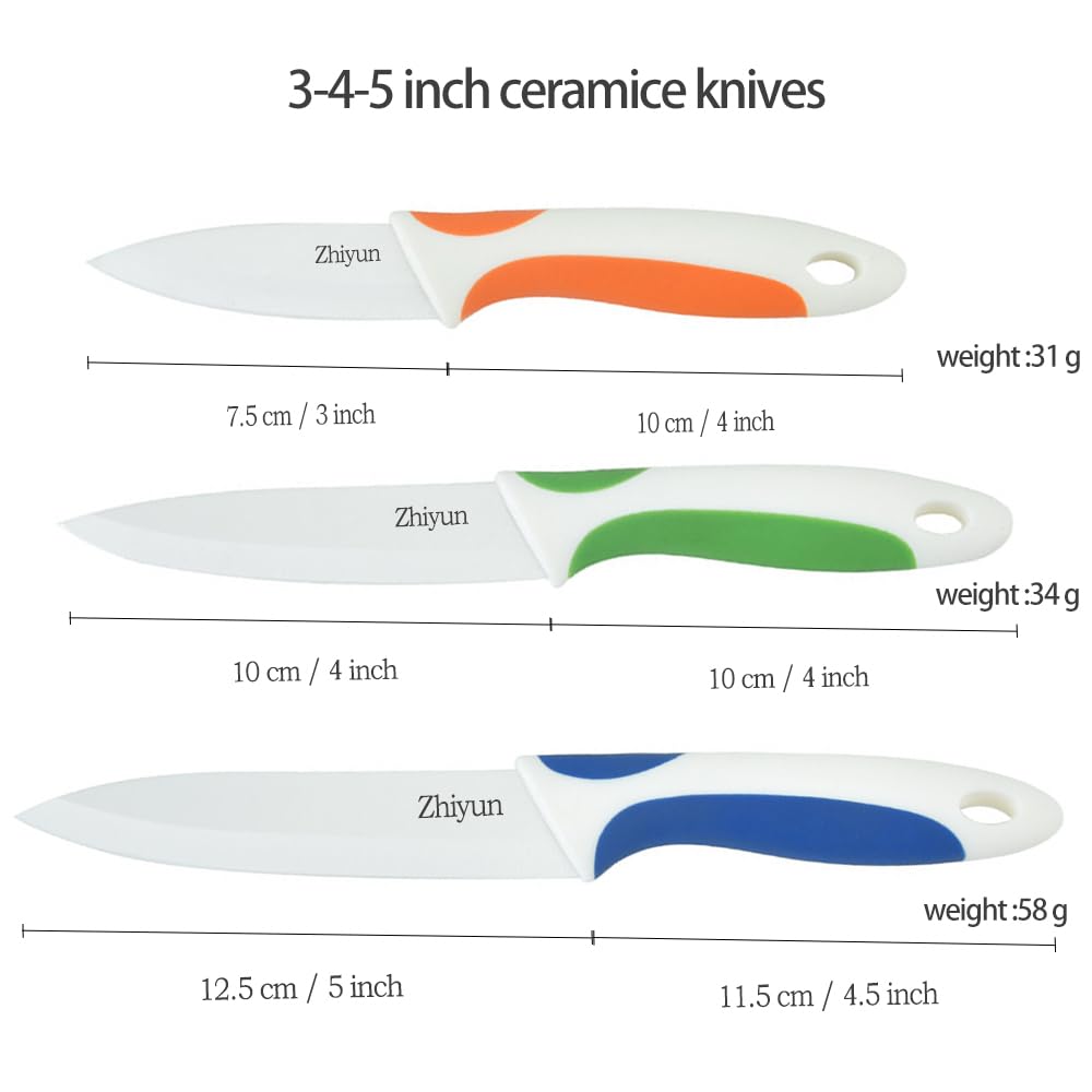 3 Pack Ceramic Knife set with Sheaths, 5-Inch Utility Knife, 4-Inch Fruit Knife, 3-Inch Peeling Knife, Zirconia Blade with Ergonomic Handle.Use for Meat Fruit Vegetable Bread and Butter.