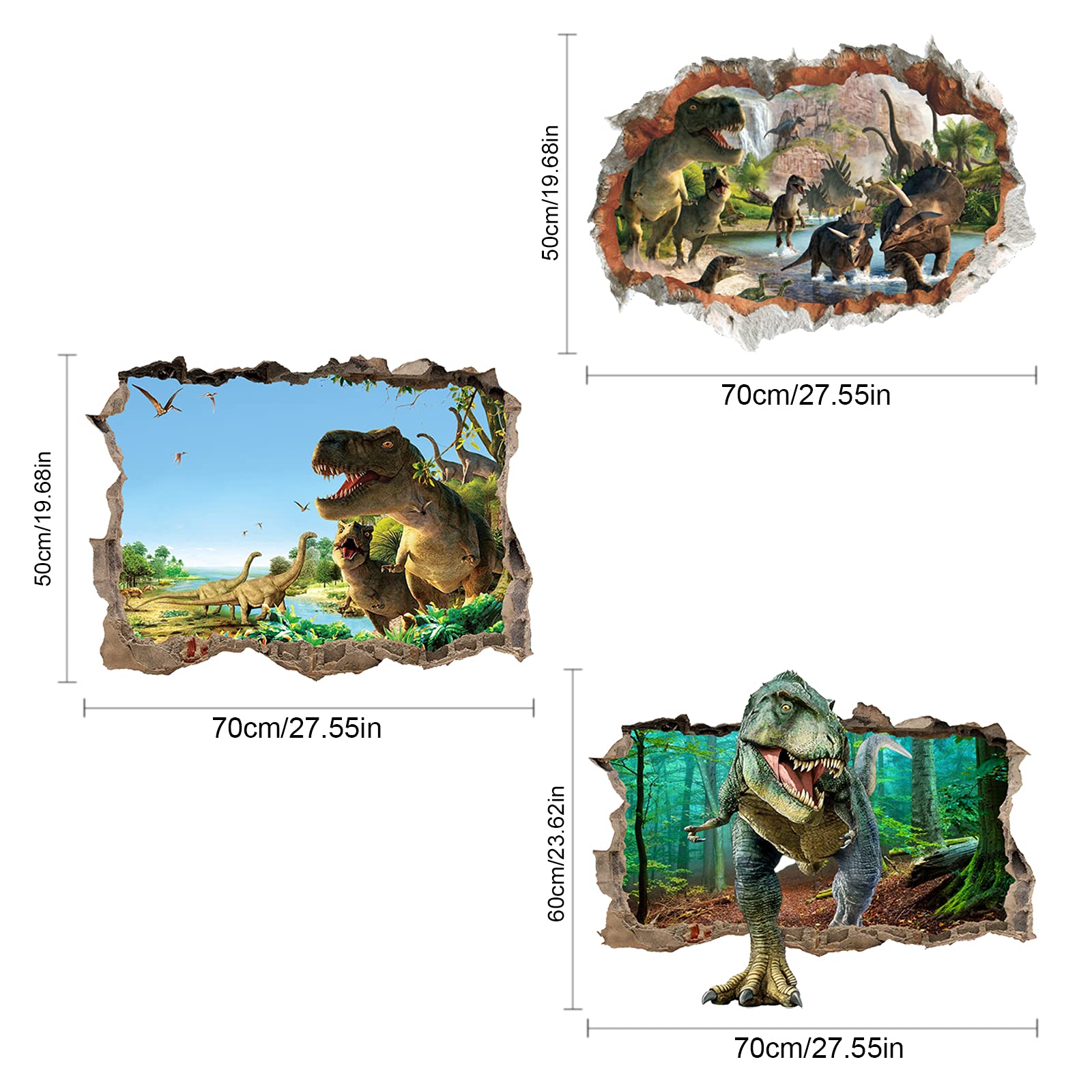 DILIBRA 3PCS 3D Broken Giant Dinosaur Wall Sticker, Simulation Crack Hole Dinosaur Wall Decal, Self-Adhesive Dinosaur Cracked Smashed Wall Decor Mural for Boys Bedroom Baby Kids Nursery
