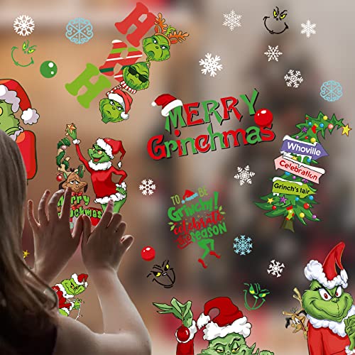 9 Sheets Christmas Decorations Window Clings - 102pcs Christmas Window Stickers Double-Sided with Christmas Tree Reindeer Snowflakes Decals for Christmas Holiday New Year Home School Party Supplies