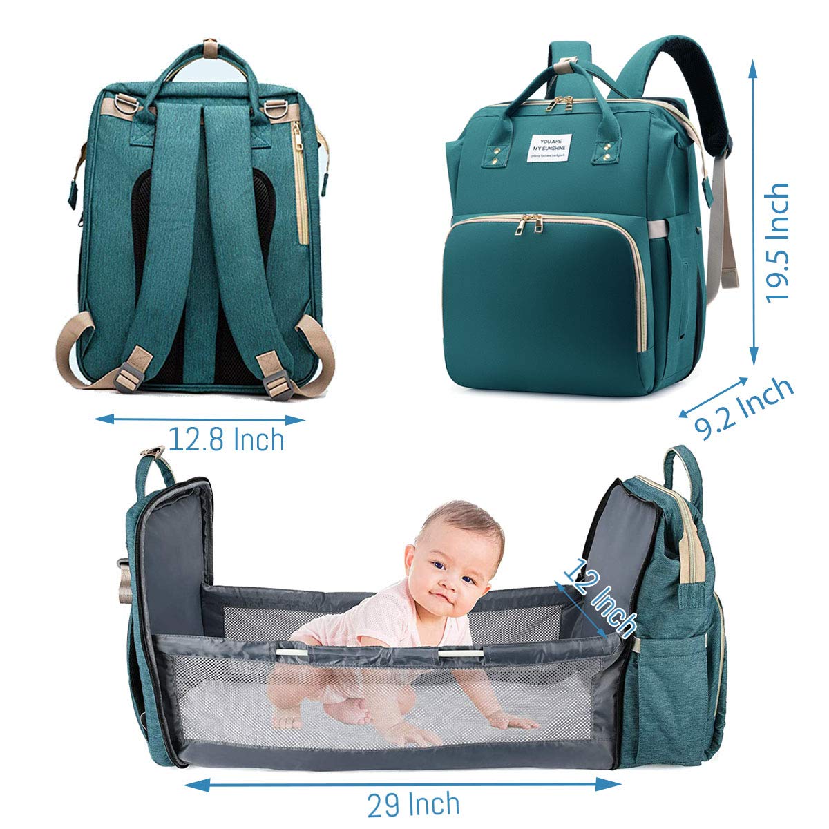 Jeryswet Diaper Bag with Changing Station, Baby Bag, Diaper Bag Backpack, Baby Bag with Built-in USB Charging Port and Stroller Straps Large Capacity Waterproof, Green