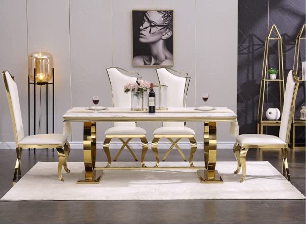 ACEDÉCOR 7 Piece Dining Table Set, Gold Kitchen and Room Sets for 6, Metal Circling Base Table in White Gold, White Leather Upholstered Chairs with Stainless Steel Legs White Table With White Chairs