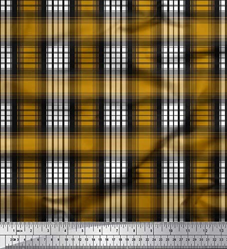 Soimoi Gold Cotton Canvas Fabric Plaid Check Print Fabric by The Yard 56 Inch Wide