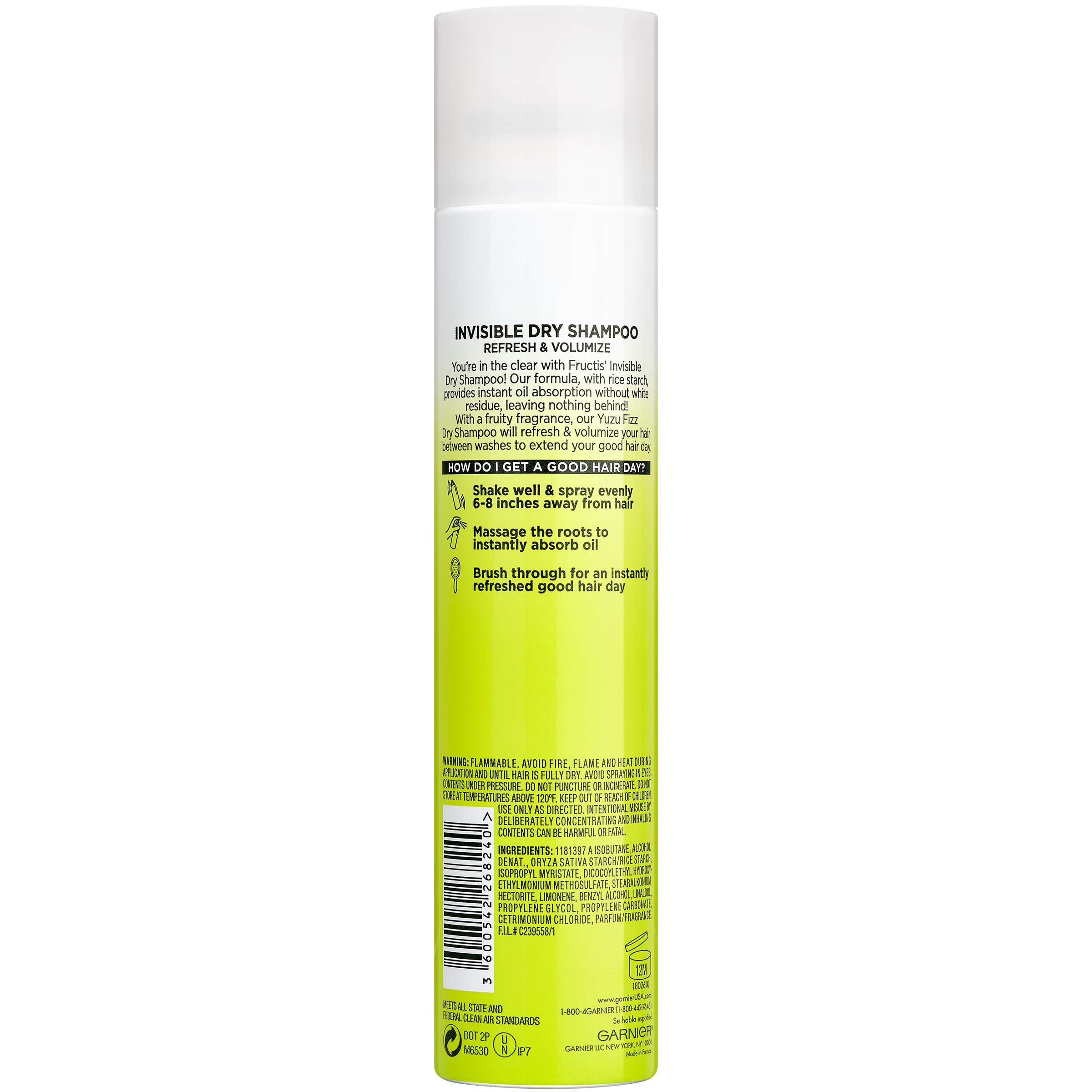 Garnier Invisible Dry Shampoo with no Visible Residue powered by Rice Starch to Instantly Absorb Oil, Refresh and Volumize, Silicone Free, Yuzu Fizz by Fructis, 4.4 oz.