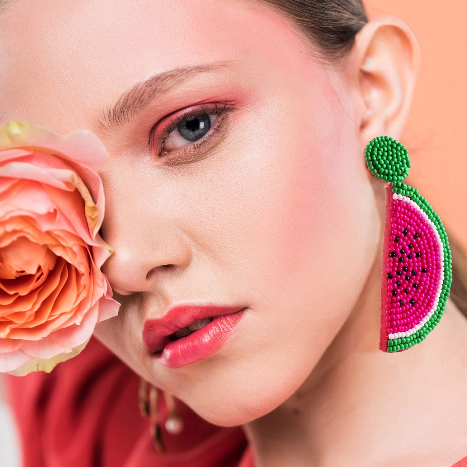 2 Pairs Fruit Watermelon Shape Drop Earrings Bohemian Seed Bead Earrings Handmade Beaded Dangle Studs Earrings for Women Girls Party Jewelry(Rose Red, Red)