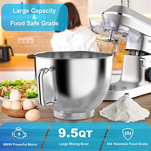 9.5QT Standing Mixer, DOBBOR 7 Speeds 660W Tilt-Head Kitchen Dough Mixer, Electric household mixers with Dough Hook, Whisk, Beater, Splash Guard & Mixing Bowl for Baking - Silver
