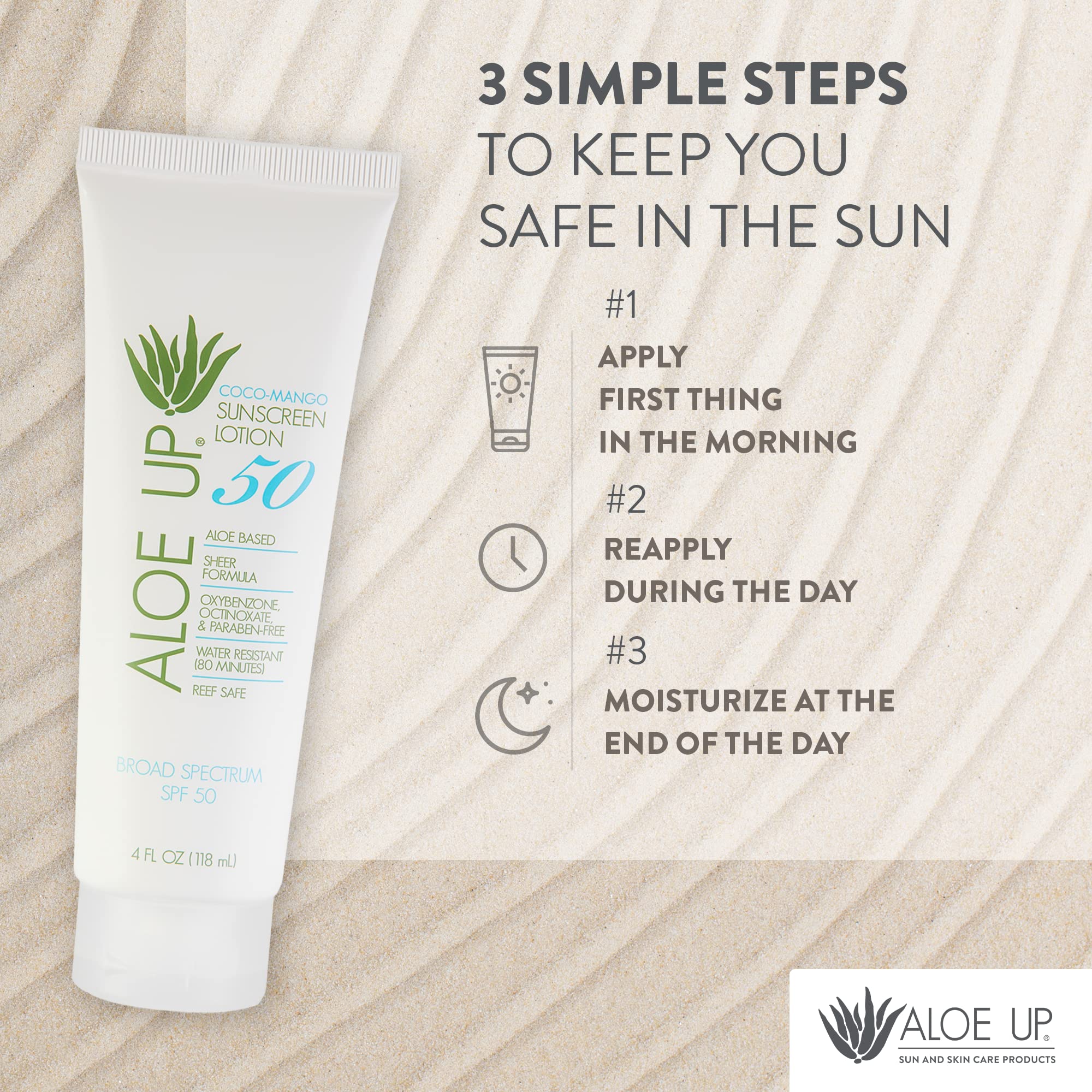 Aloe Up White Collection Sunscreen Lotion SPF 50 - Broad Spectrum UVA/UVB Sunscreen Protector for Face and Body - With Aloe Vera Gel - Alcohol-Free - Reef Friendly - Coco-Mango Fragrance - 4 Oz