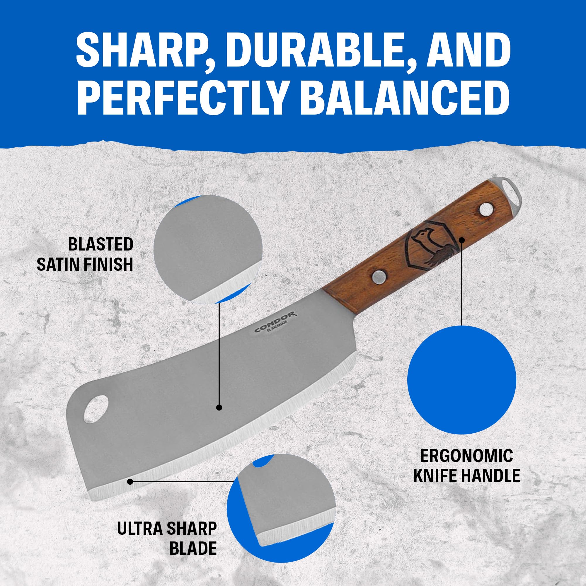 Condor Tool & Knife Cleaver Knife | Full Tang Butcher Knife with a Blasted Satin Finish | 1075 High Carbon Steel Meat Cleaver with a Walnut Rivet Handle | 7.17 in Blade | 8.47oz (2.2mm Thick)
