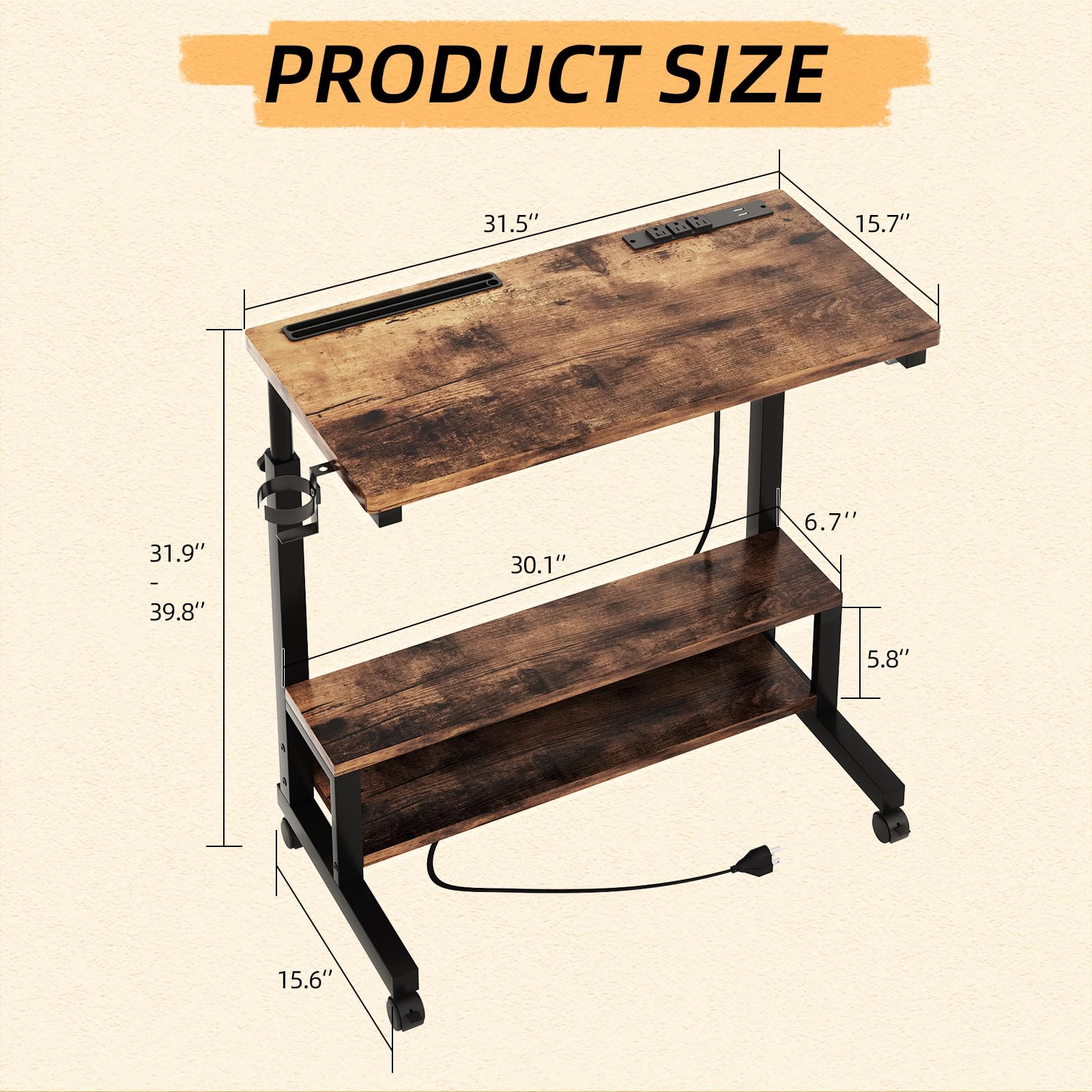 32 Inch Standing Desk with Power Outlets, Manual Stand Up Desk with Wheels, Small Mobile Rolling Computer Desk Laptop Table with Adjustable Height for Home Office, Black